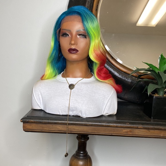 E Beauty Wig | Hair | Minaj Deep Side Part Blue To Yellow To Red Ombr ...